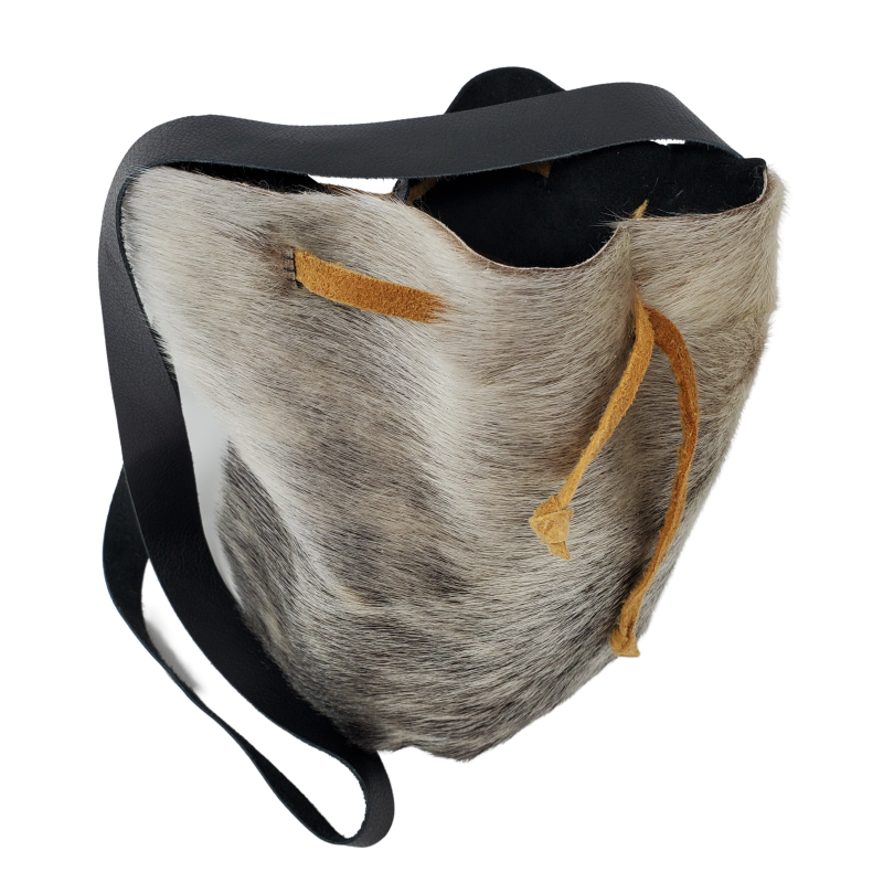 (SOLD)Ring seal, black leather and moosehide drawstring pouch purse