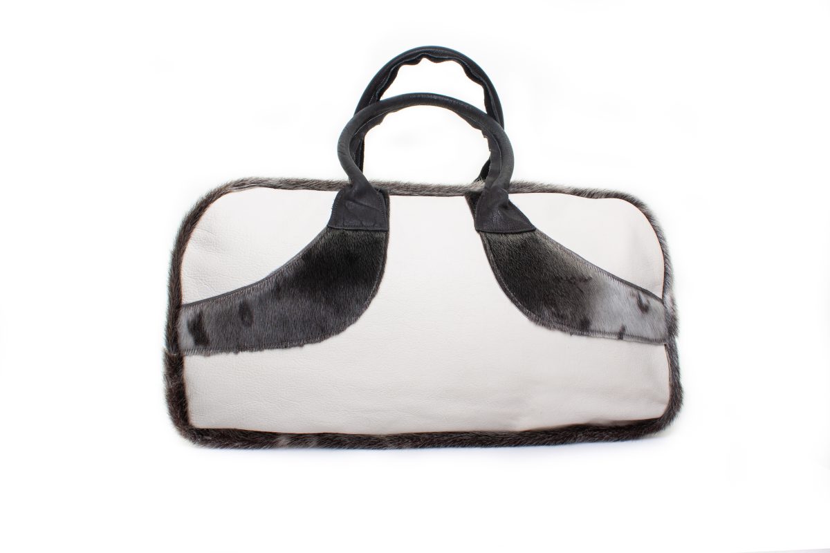 White Bison Hide Travel Bag with Seal Design, Black Bison Handles ...